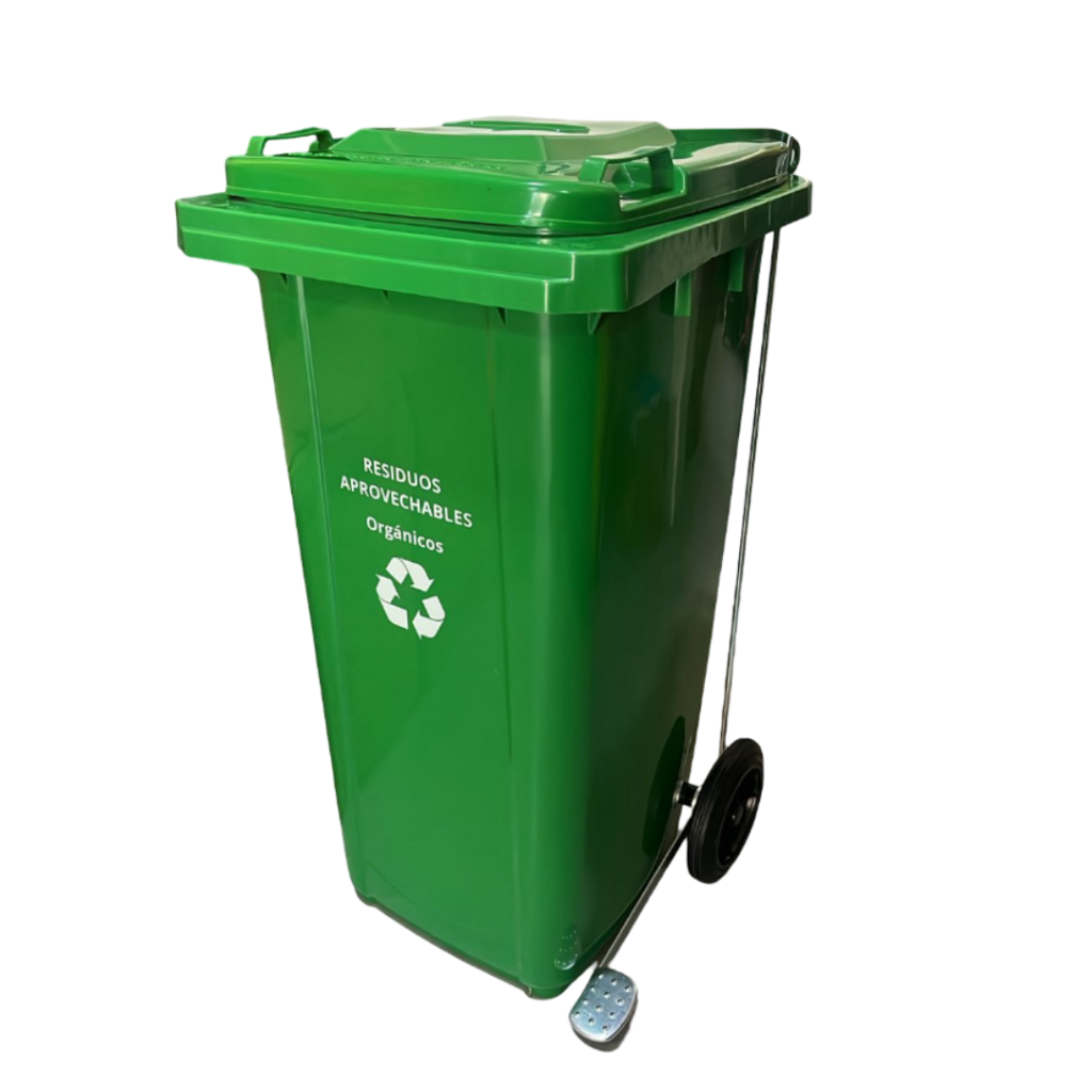Contenedor de residuos verde con pedal y llantas 120 litros | Insumos ...